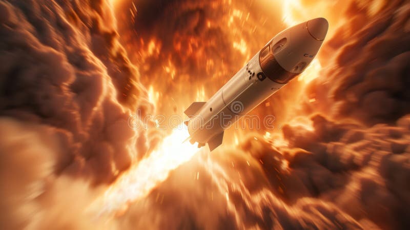 Powerful Rocket Launch Breaking through Fiery Clouds in Dramatic Sky ...