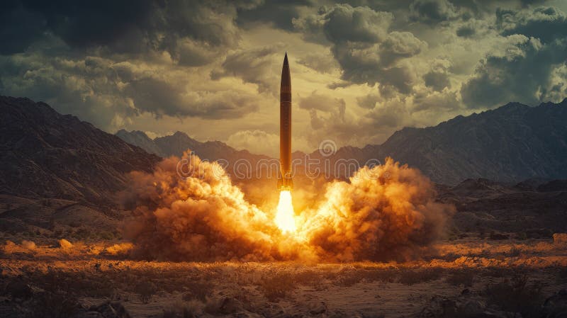 Powerful Rocket Launch with Fiery Explosion in Dramatic Mountainous ...