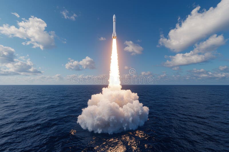 Powerful Rocket Launch Over the Ocean Stock Illustration - Illustration ...