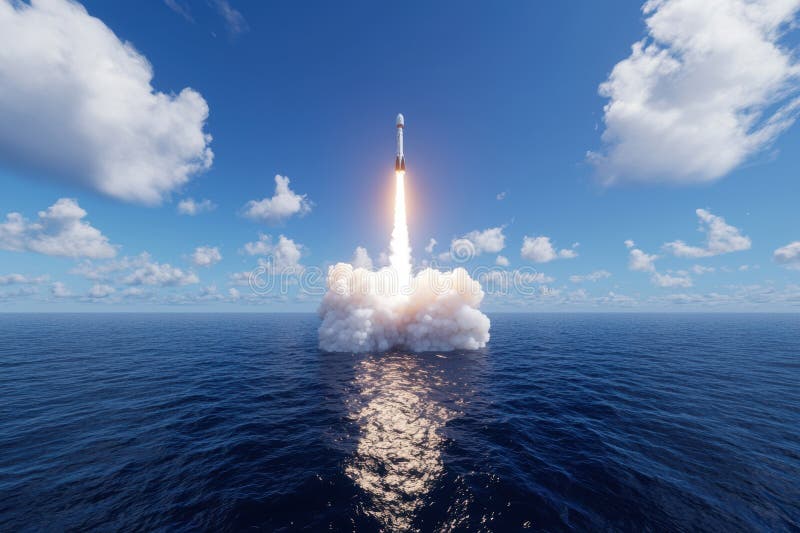 Powerful Rocket Launch Over the Ocean Stock Illustration - Illustration ...