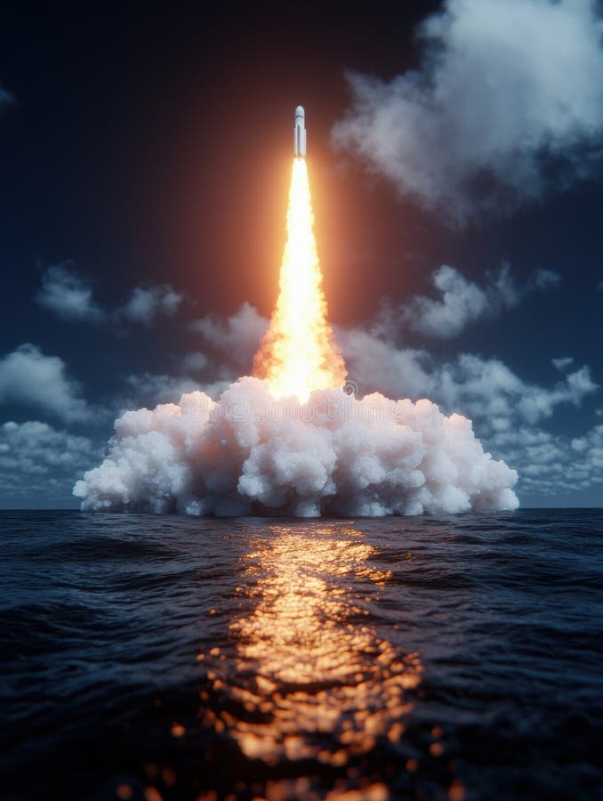 Powerful Rocket Launch Over the Ocean Stock Illustration - Illustration ...
