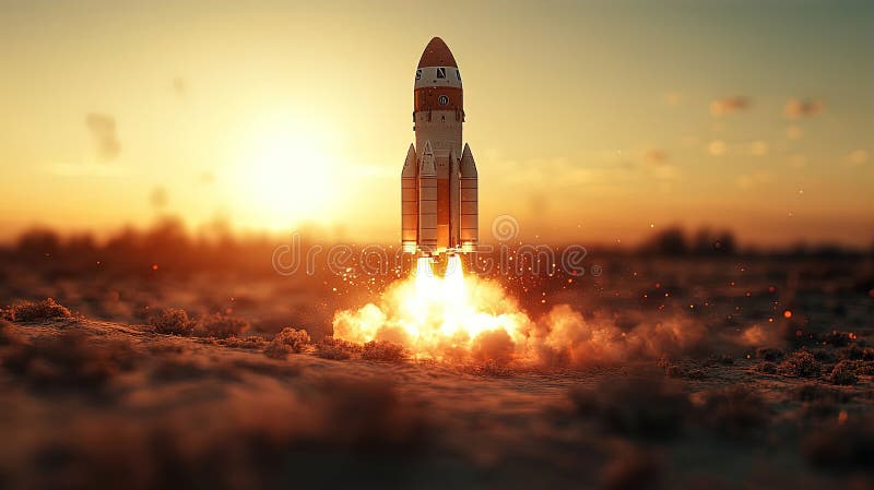 A Powerful Rocket Launch Over the Ocean at Sunset, with Fiery Engines ...