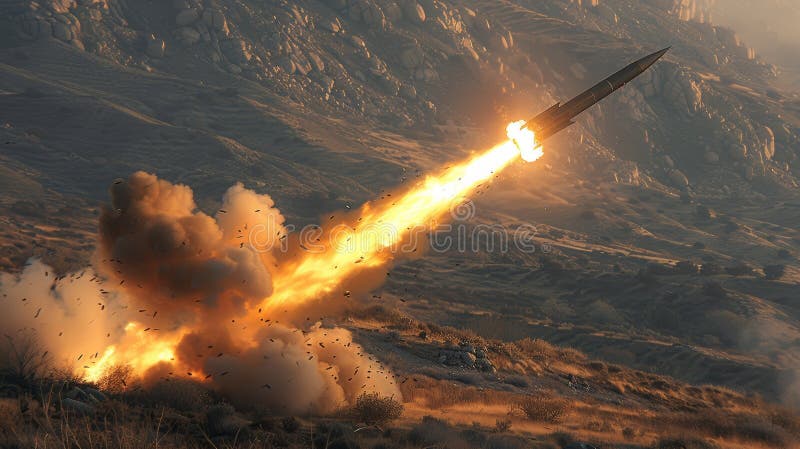 Powerful Rocket Launch Over a Rugged Mountain Terrain with Flames and ...