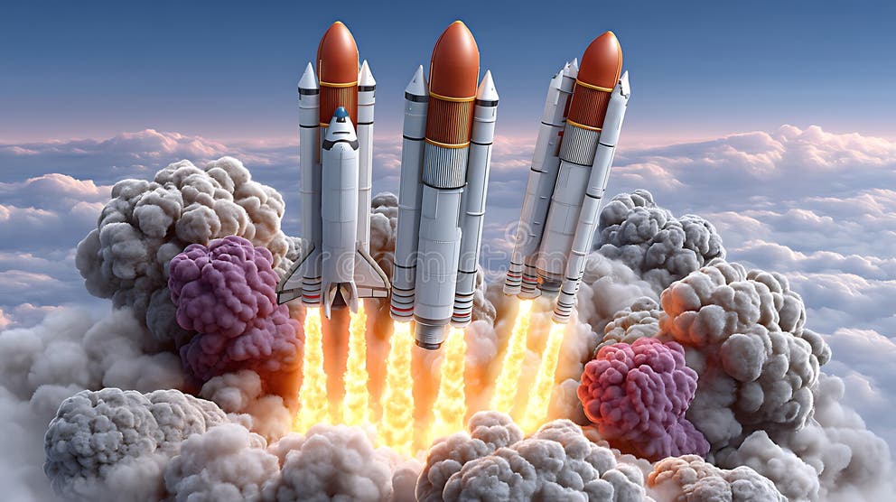 Powerful Rocket Launch Scene with Three Rockets Ascending through ...