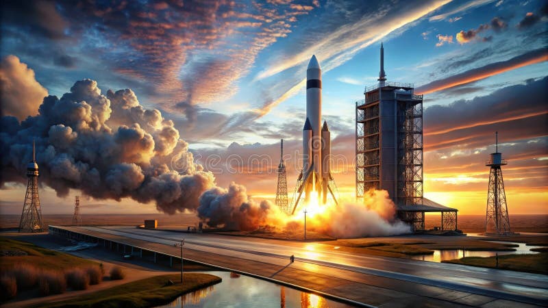 A Powerful Rocket Launch at Sunrise, Leaving a Trail of Smoke and Fire ...