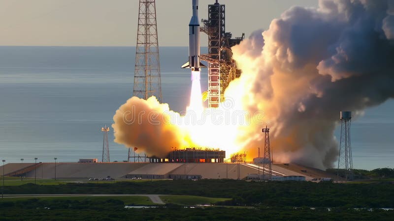 Powerful Rocket Launch at Sunrise Showing Bright Fire, Smoke Clouds ...