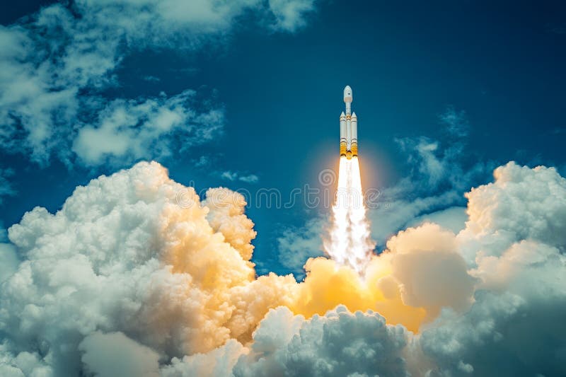 A Powerful Rocket Launches into the Blue Sky, Breaking through Fluffy ...