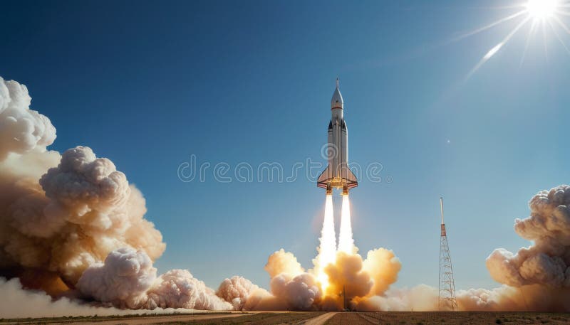 Rocket Launching into Blue Sky with Smoke Trail Stock Image - Image of ...