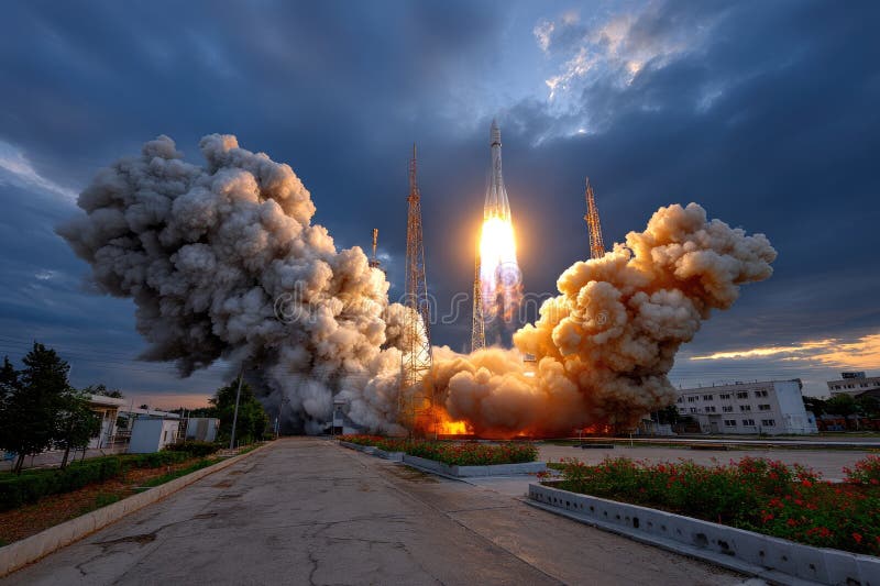 A Powerful Rocket Launches into the Sky, Emitting Vast Clouds of Smoke ...