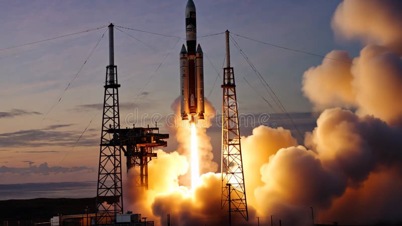 A Powerful Rocket Launches into the Sky, Leaving Behind Bright Flames ...