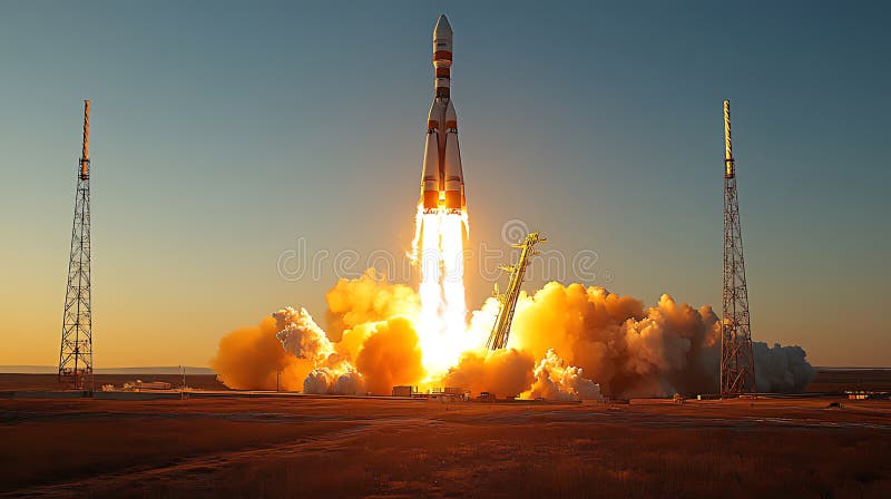 A Powerful Rocket Launches into the Sky at Sunset, Leaving a Trail of ...