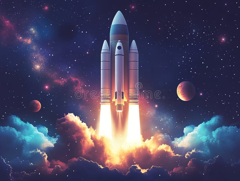 A Powerful Rocket Launches into Space with a Trail of Fire, Surrounded ...