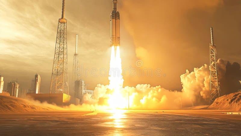 A Powerful Rocket Launches at Sunset, Leaving Behind a Trail of Fire ...