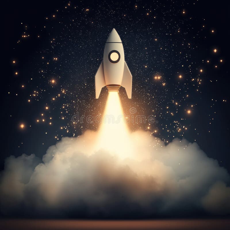 Powerful Rocket Launching into the Bright Blue Sky Leaving a Trail of ...