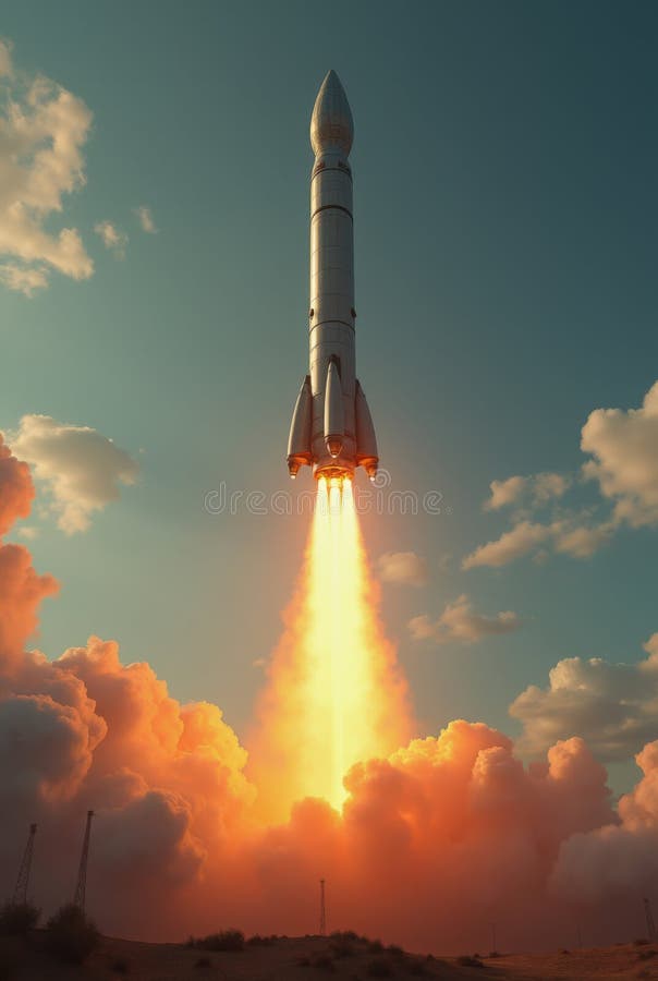A Powerful Rocket is Launching into the Evening Sky, Leaving a Trail of ...