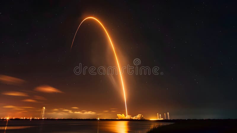 Powerful Rocket Launching into Space at Dusk Fiery Trail, Space ...
