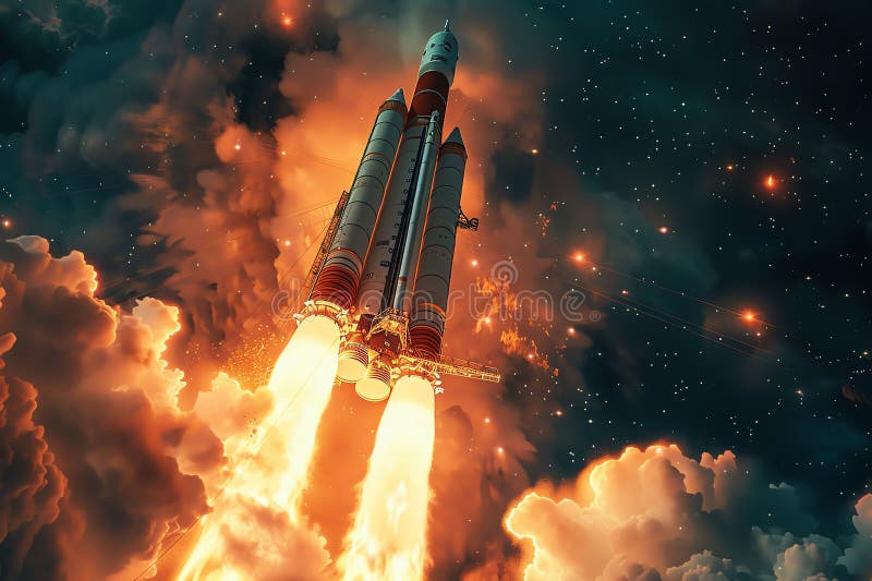 A Powerful Rocket Launching into Space, Surrounded by Clouds and Stars ...