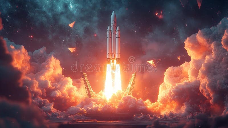 Powerful Rocket Lift-Off from Neon-Lit Launch Platform with Geometric ...