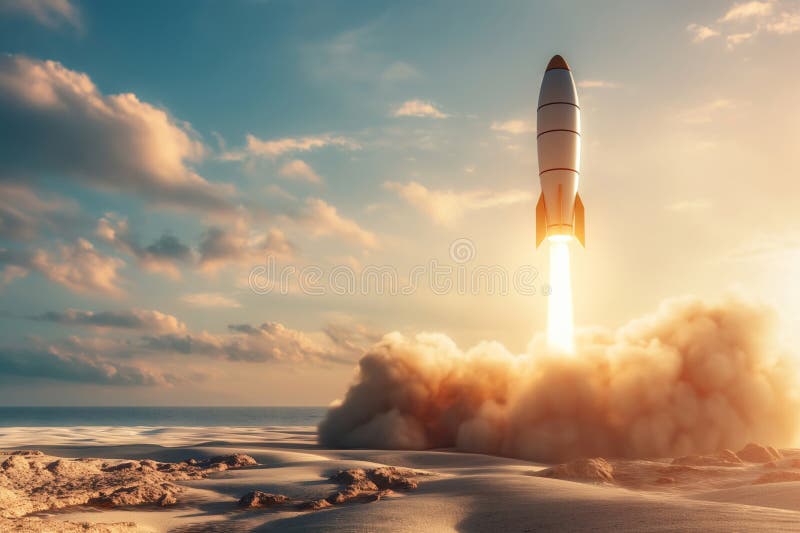 Rocket Taking Off with Powerful Thrust and Smoke Plume Stock Image ...