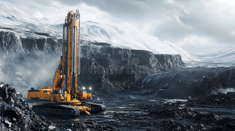 Powerful Rotary Drill Mining Coal in Open Pit Coal Mine in Winter Stock ...