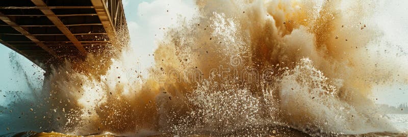 Powerful Rush of Water Cascades Over a Destroyed Bridge, Creating a ...