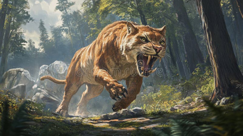 Powerful Sabertooth Cat Roaring in Lush Forest Stock Illustration ...
