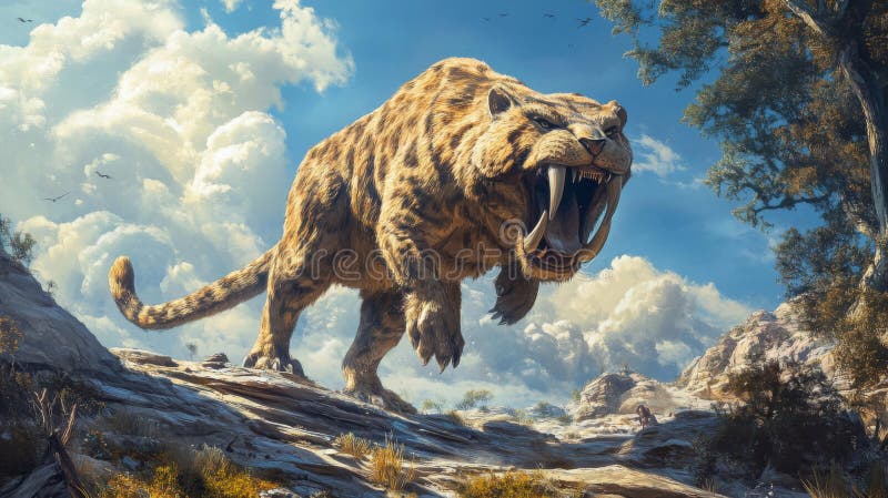 Powerful Sabertooth Cat Roaring on Rocky Mountaintop Stock Illustration ...