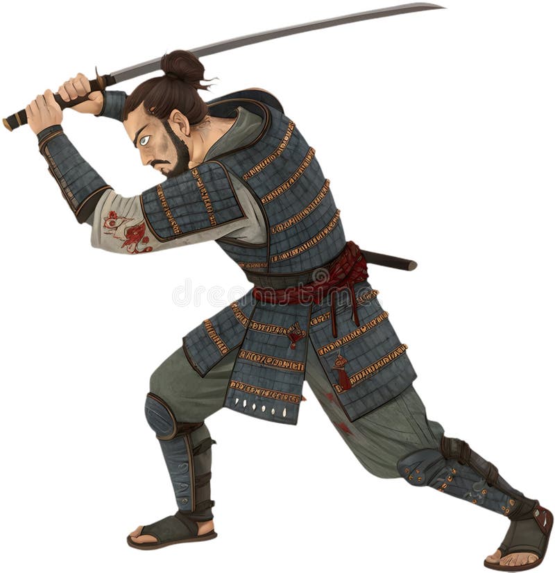 Powerful Samurai Man in Traditional Warrior Combat Pose. Stock Photo ...