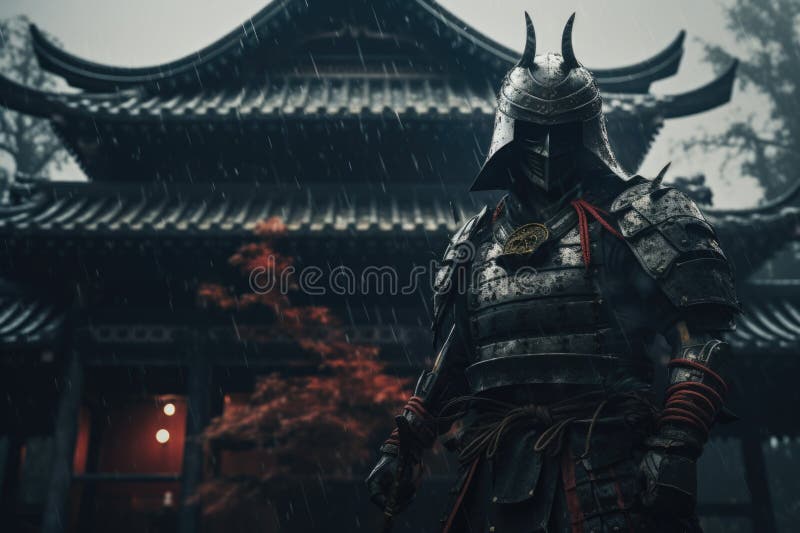 A Powerful Samurai Stands in the Rain in Front of a Traditional ...