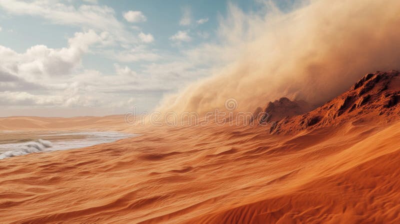 Powerful Sandstorm Over Desert Dunes and Ocean Stock Illustration ...