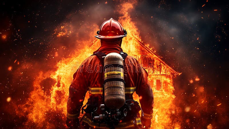 Firefighter Facing Intense House Fire with Flames Engulfing the ...