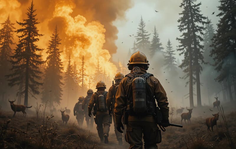 A Powerful Scene of Firefighters Battling a Massive Forest Fire Stock ...
