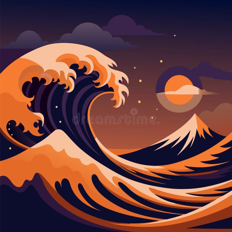Powerful Sea Wave Illustration with Moon and Stars in Dark Stock Vector ...
