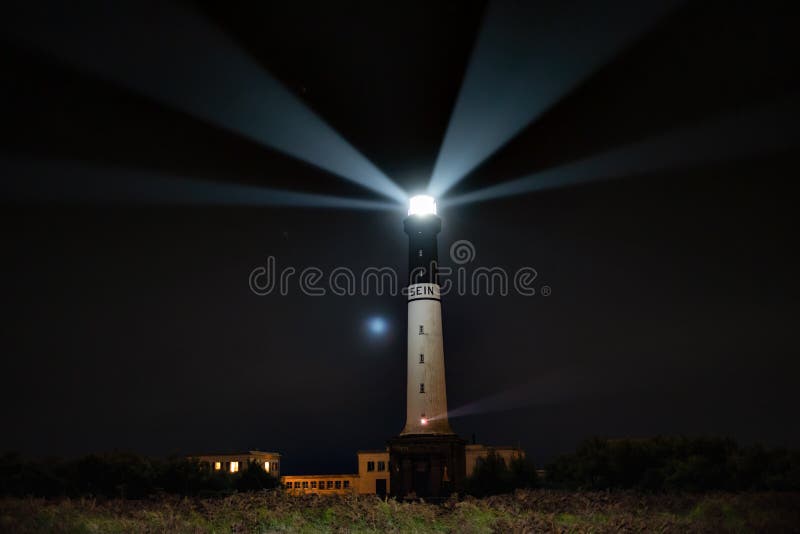 Powerful Sein Island Lighthouse at Night Stock Photo - Image of island ...