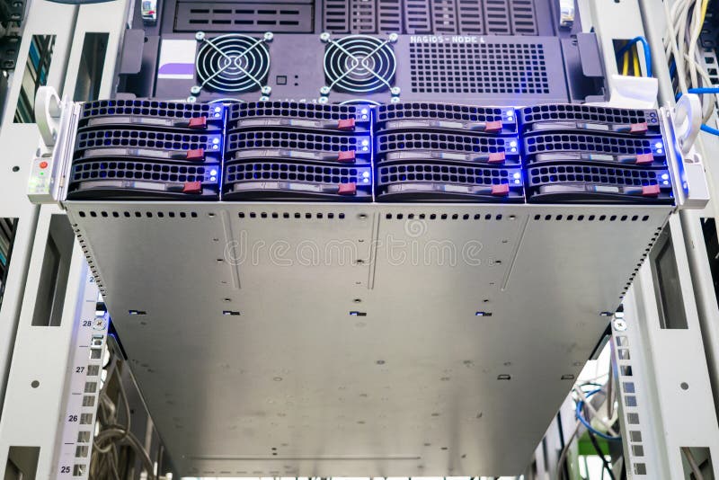 Powerful Server Equipment is in the Rack of the Data Center. the ...