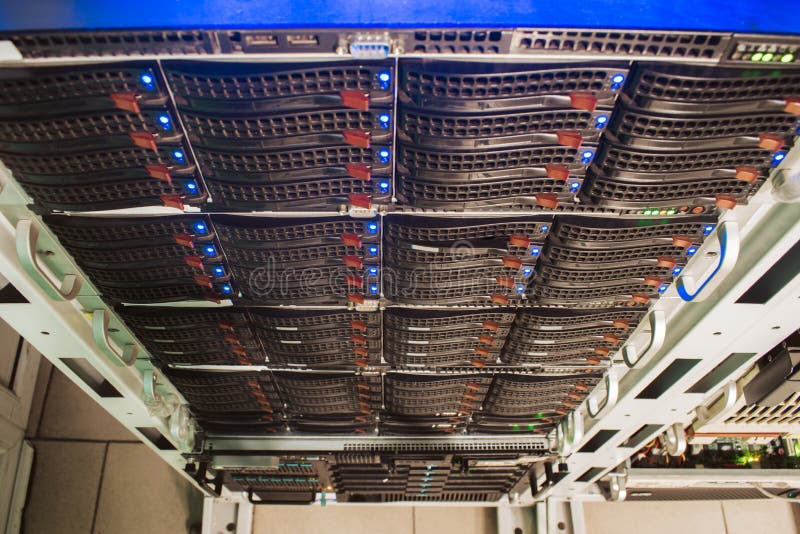 Server Hardware Installed in Racks Data Center. View from Above. Lot of ...
