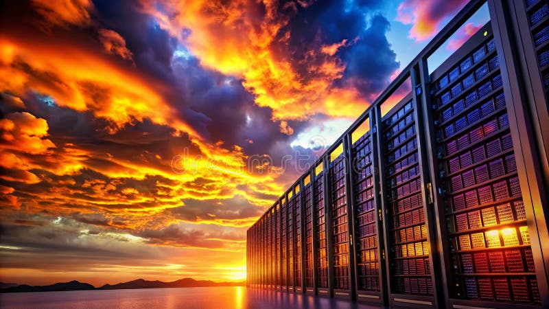 Powerful Server Rack Silhouette Against a Dramatic Sunset Sky ...