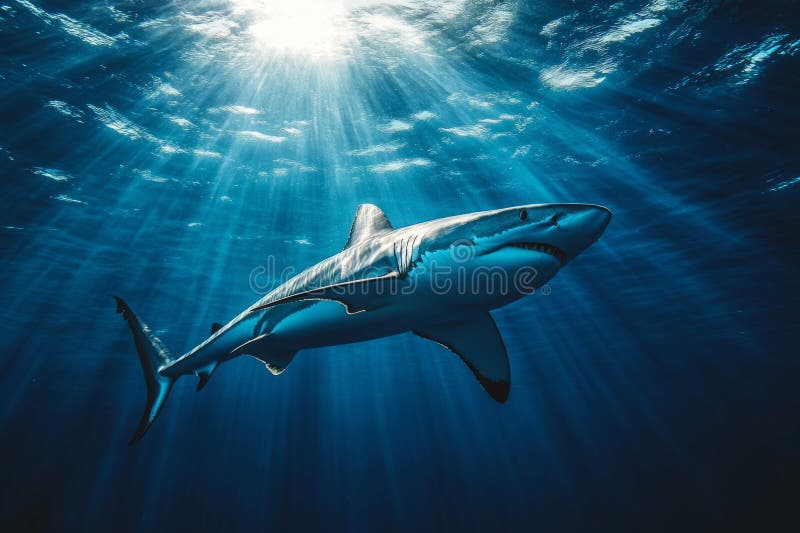 Powerful Shark Gracefully Navigating the Deep Blue Ocean, Illuminated ...