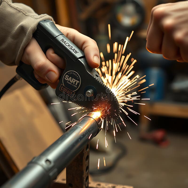 A Powerful Shot of a Hand Using a Manual Hacksaw on a Metal Pipe with ...