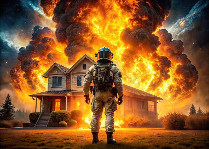 A Powerful Silhouette of an Astronaut Facing a House Fire Explosion a ...