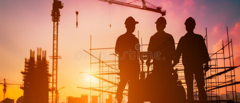 Construction Workers Silhouettes at Sunset with Crane and Scaffolding ...