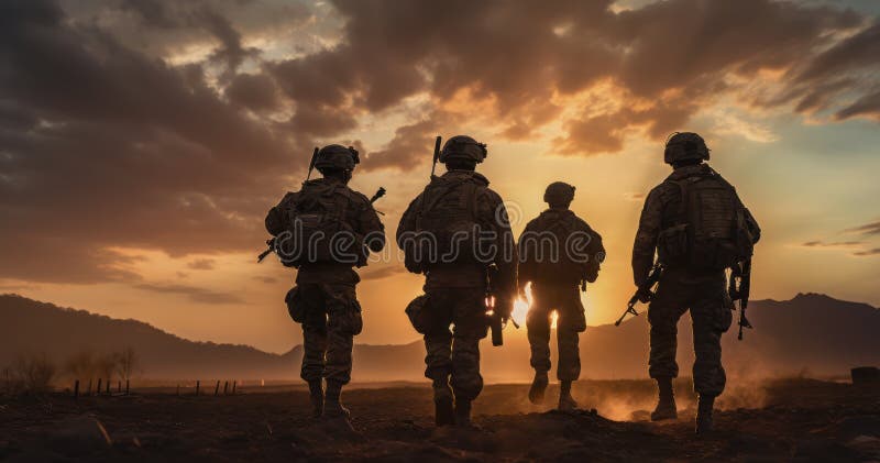 The Powerful Silhouette of Soldiers Against the Backdrop of a Setting ...
