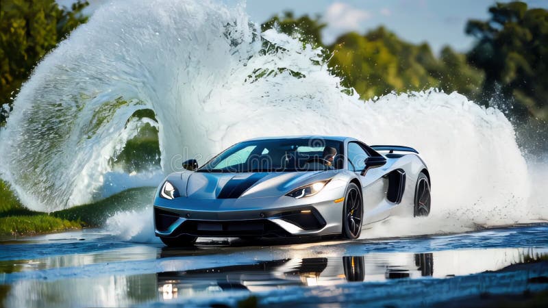 A Powerful Silver Supercar Driving through Water, Creating an ...