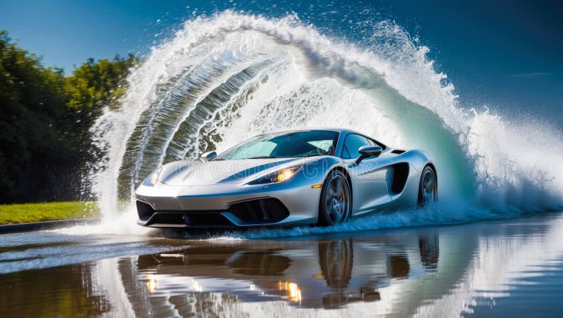 A Powerful Silver Supercar Driving through Water, Creating an Impressive Splash, Capturing the ...