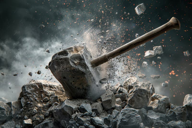 Powerful Sledgehammer Impact on Rock Demonstrating Strength and Force ...