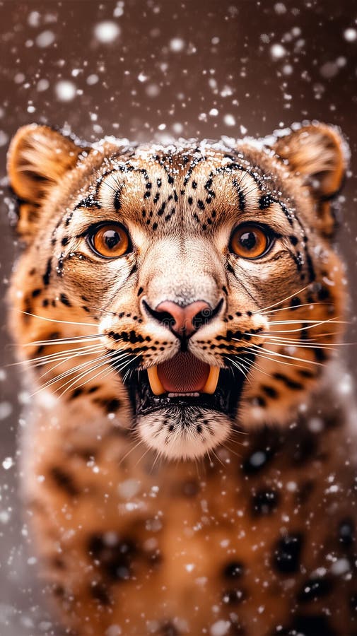 The Powerful Snow Leopard Stands Resolute, Its Fur Dusted with Snow ...