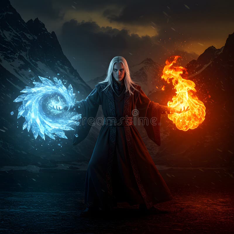 Dual Elemental Sorcerer: Master of Ice and Fire Stock Illustration ...