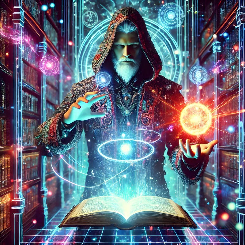 Powerful Sorcerer Conjuring Bright Energy from Ancient Book in a High ...