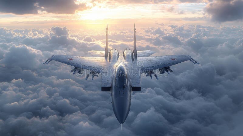 Soviet-Style Fighter Jet Flying Above the Clouds at Sunrise Stock ...