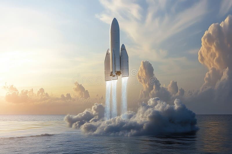 Launch of a Space Rocket at Dawn Over the Ocean with Clouds in the ...